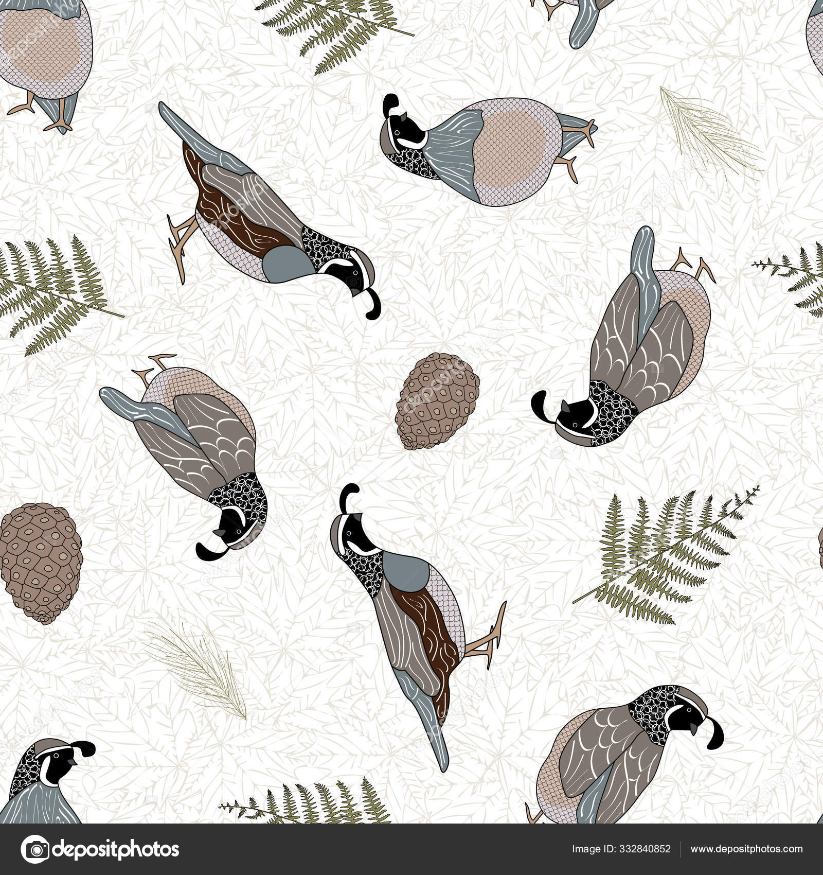 Vector Quail Birds, Ferns and Pinecones on Beige Background Seamless ...