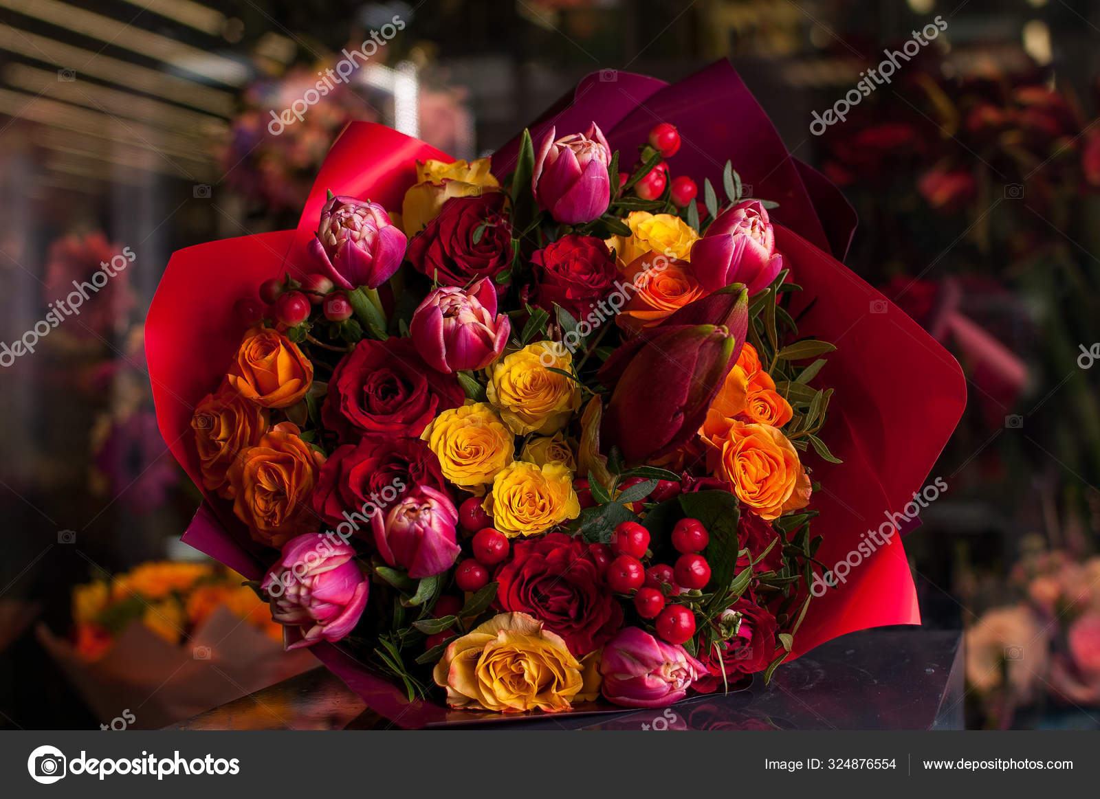 Beautiful Bouquet Spring Flowers Cold Dark Room Flower Shop — Stock ...