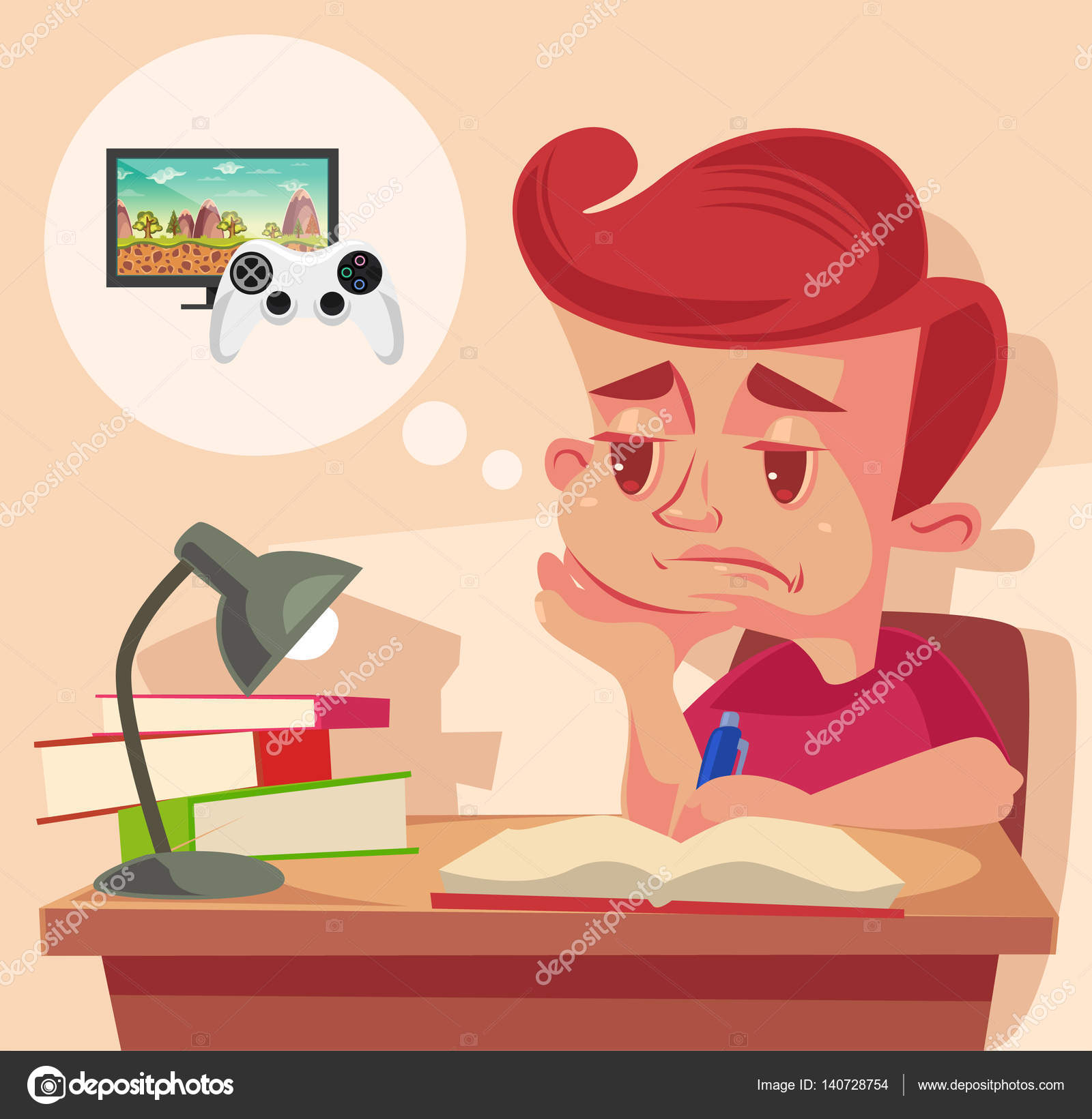 School child character do not want to do homework. Vector flat cartoon ...