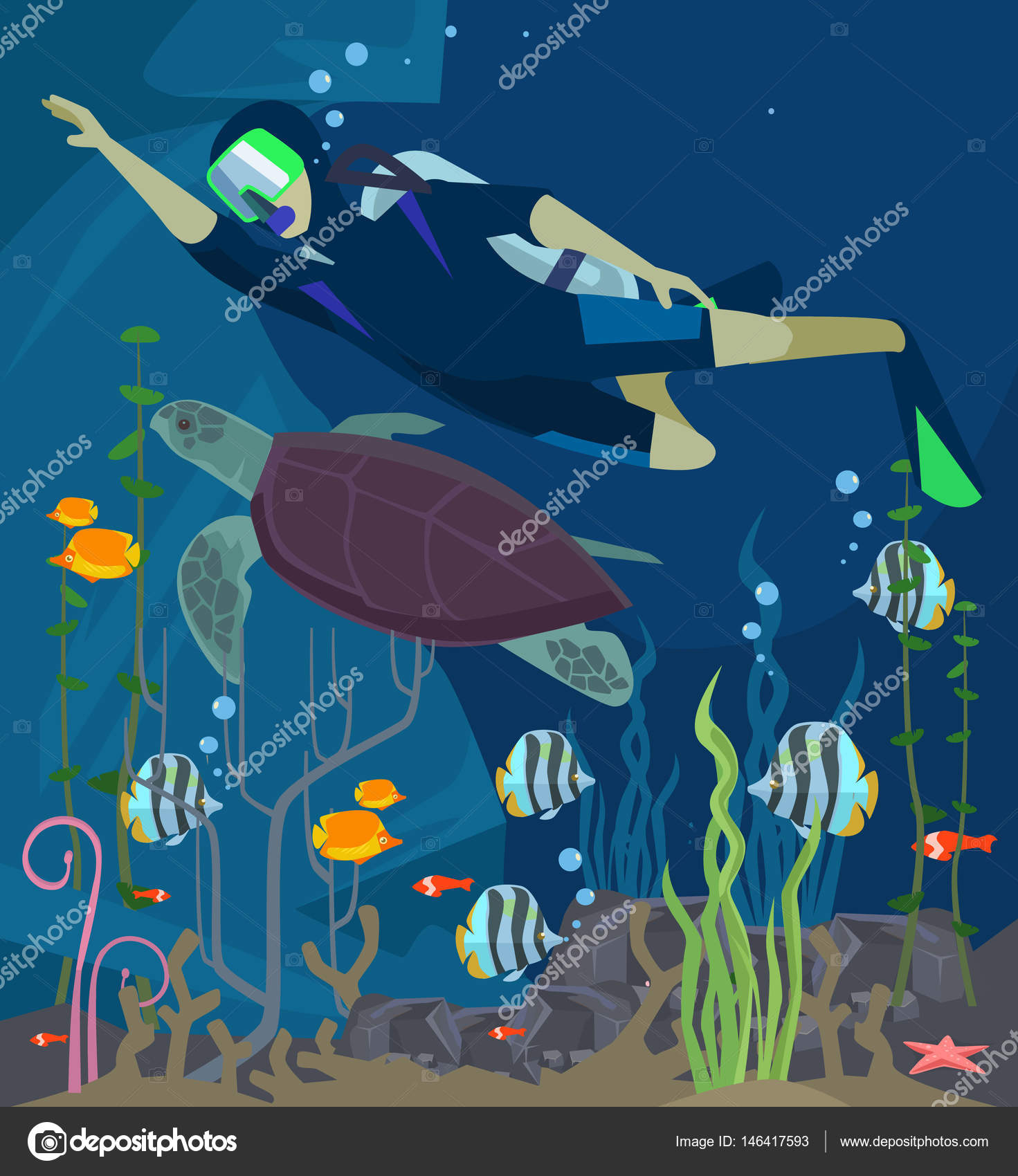Buceo de buceo. Vida marina. Vector plano ilustración de dibujos ...