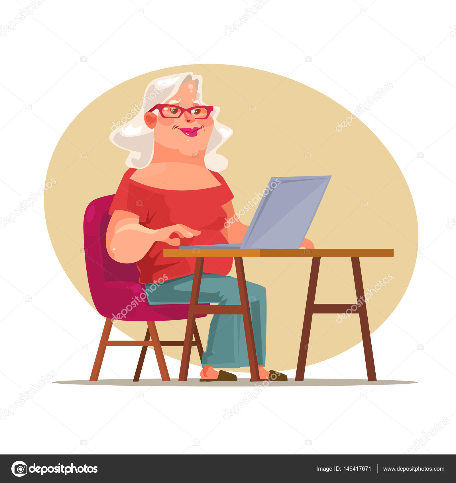 Elderly woman character chatting on network. Vector flat cartoon ...