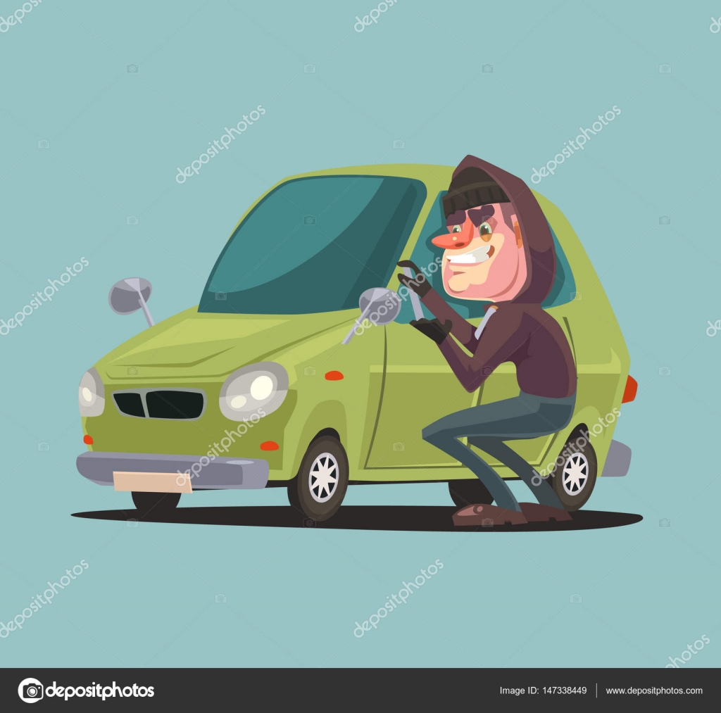 Hombre ladrón roba y rompe la puerta del coche. Vector plano ...