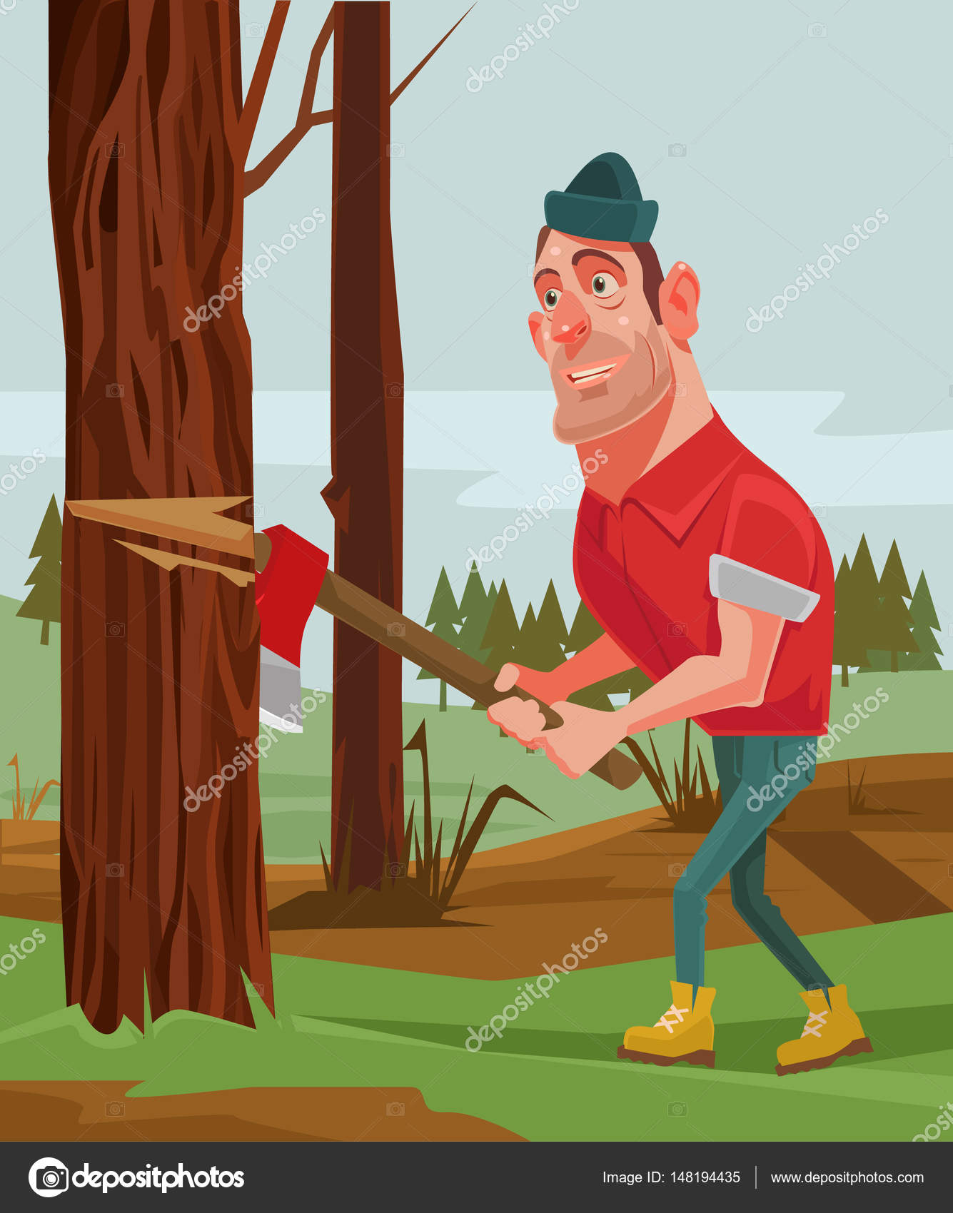 Lumberjack man character chopping wood. Vector flat cartoon ...