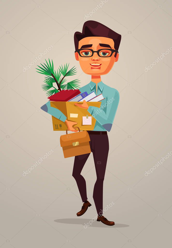 Feliz hombre sonriente oficinista personaje va a un nuevo trabajo ...