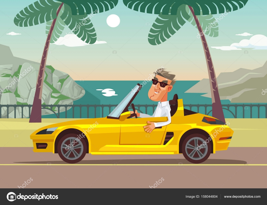 Happy smiling successful businessman character sitting in car cabriolet ... Happy smiling successful businessman character sitting in car cabriolet ...