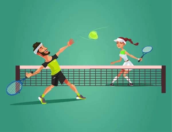 Two happy smiling people man and woman characters play tennis. Vector ...