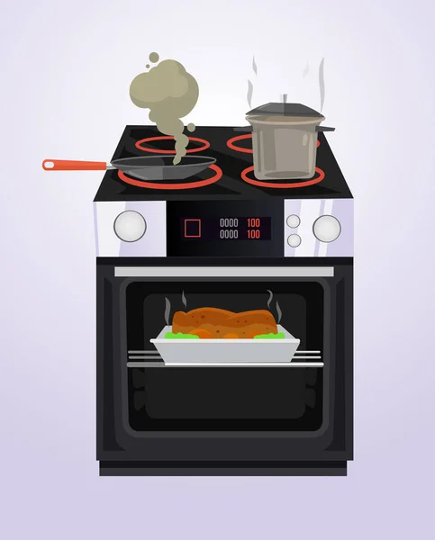 En la cocina la estufa quema la comida. Vector plano ilustración de ...