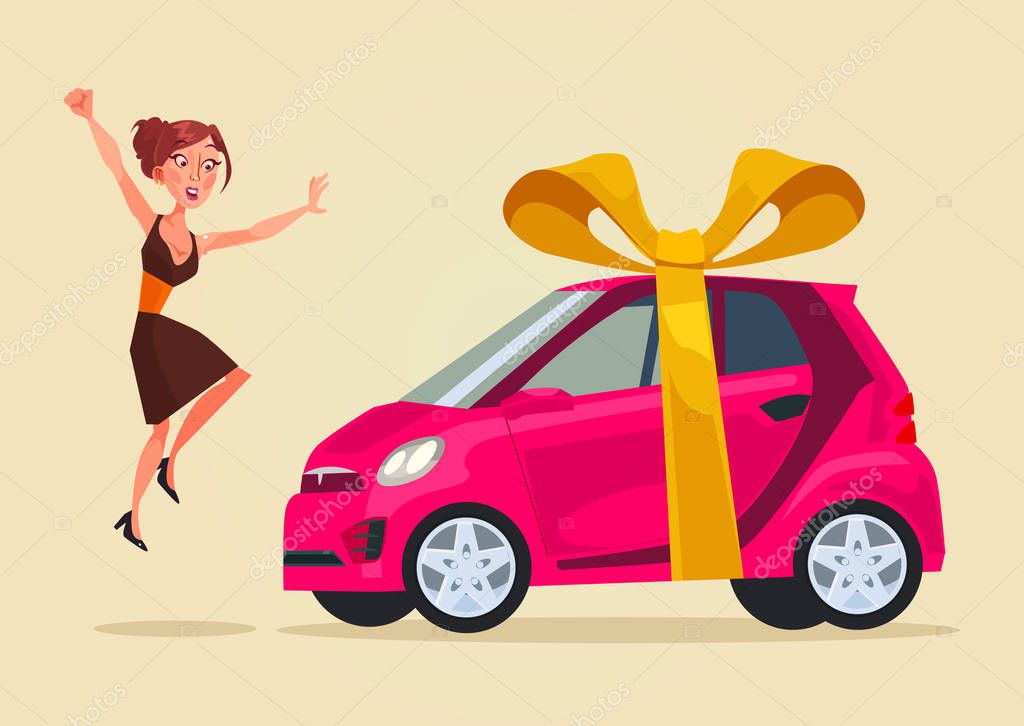 Feliz personaje sonriente mujer conseguir coche nuevo. Vector plano ...