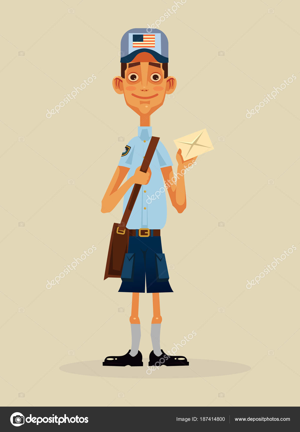 Glücklich Lächelnde Postbote Mit Umschlag Vektor Flache Cartoon ...