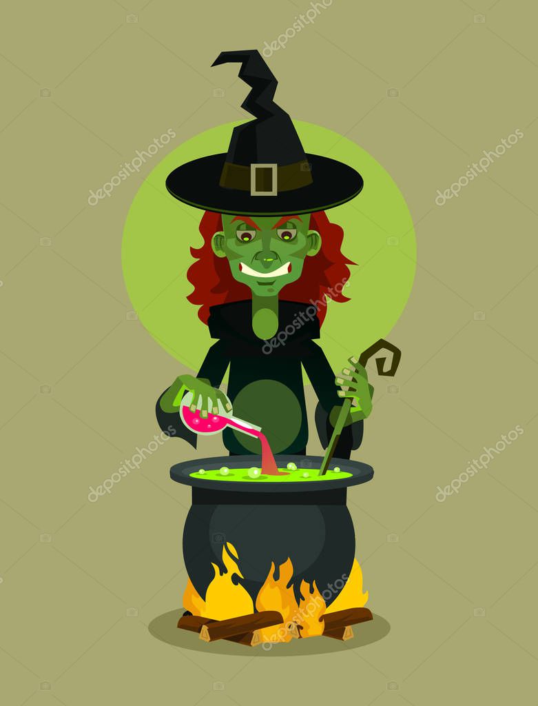 El personaje de la bruja elabora poci n. Vector plano ilustraci n de dibujos animados 2024