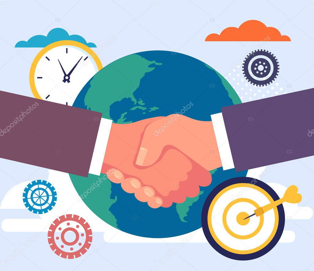 Acuerdo de negocios global acuerdo de apretón de manos concepto. Vector ...