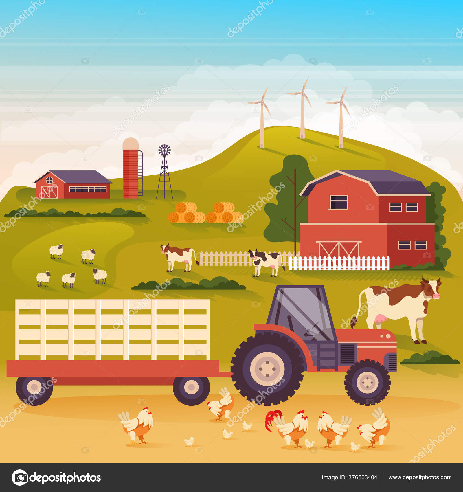 Conceito Paisagem Rural Rural Desenho Gráfico Desenho Animado Plano ...