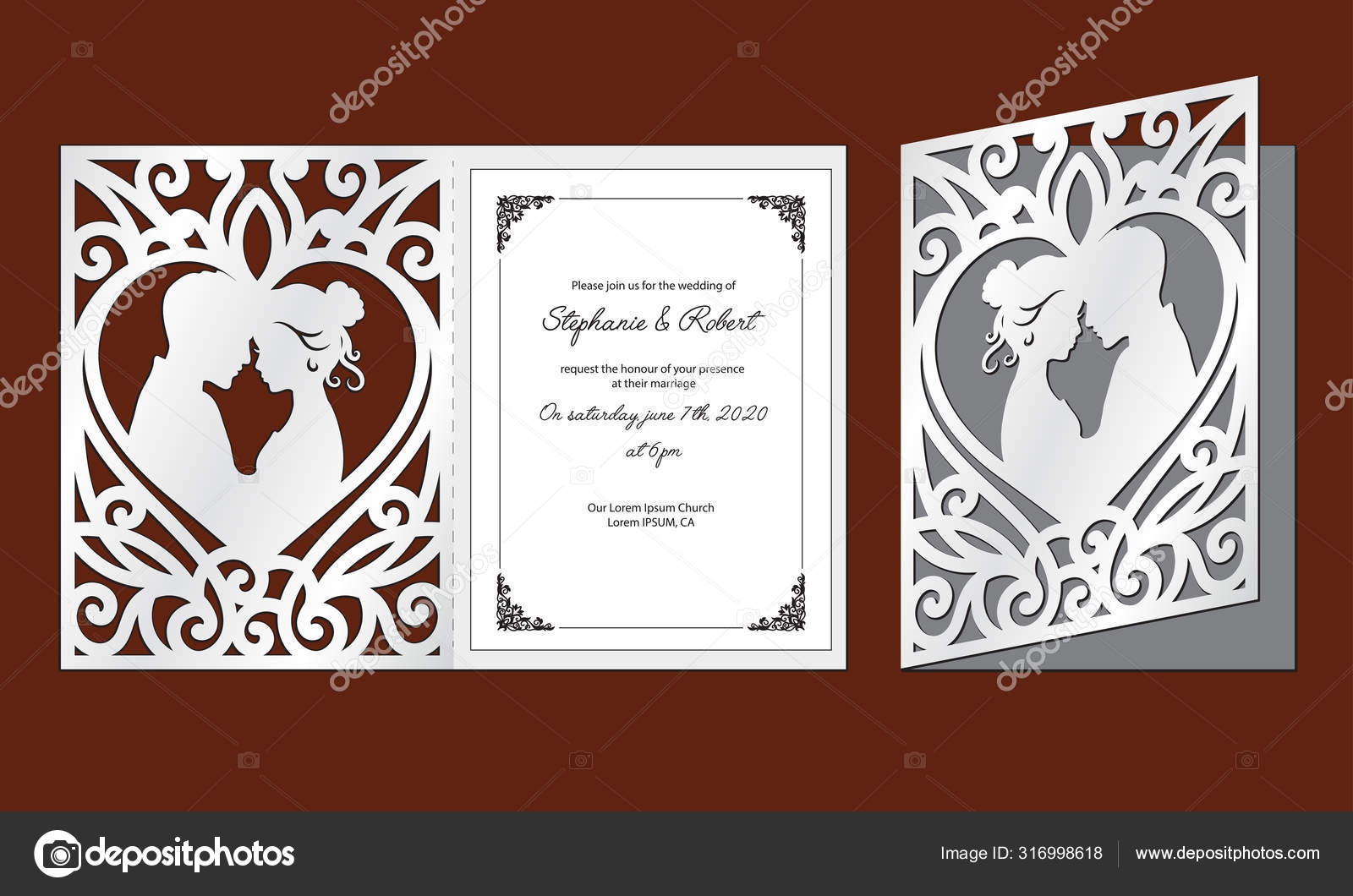 Plantilla de corte láser de invitación de boda con novia y novio en el ...