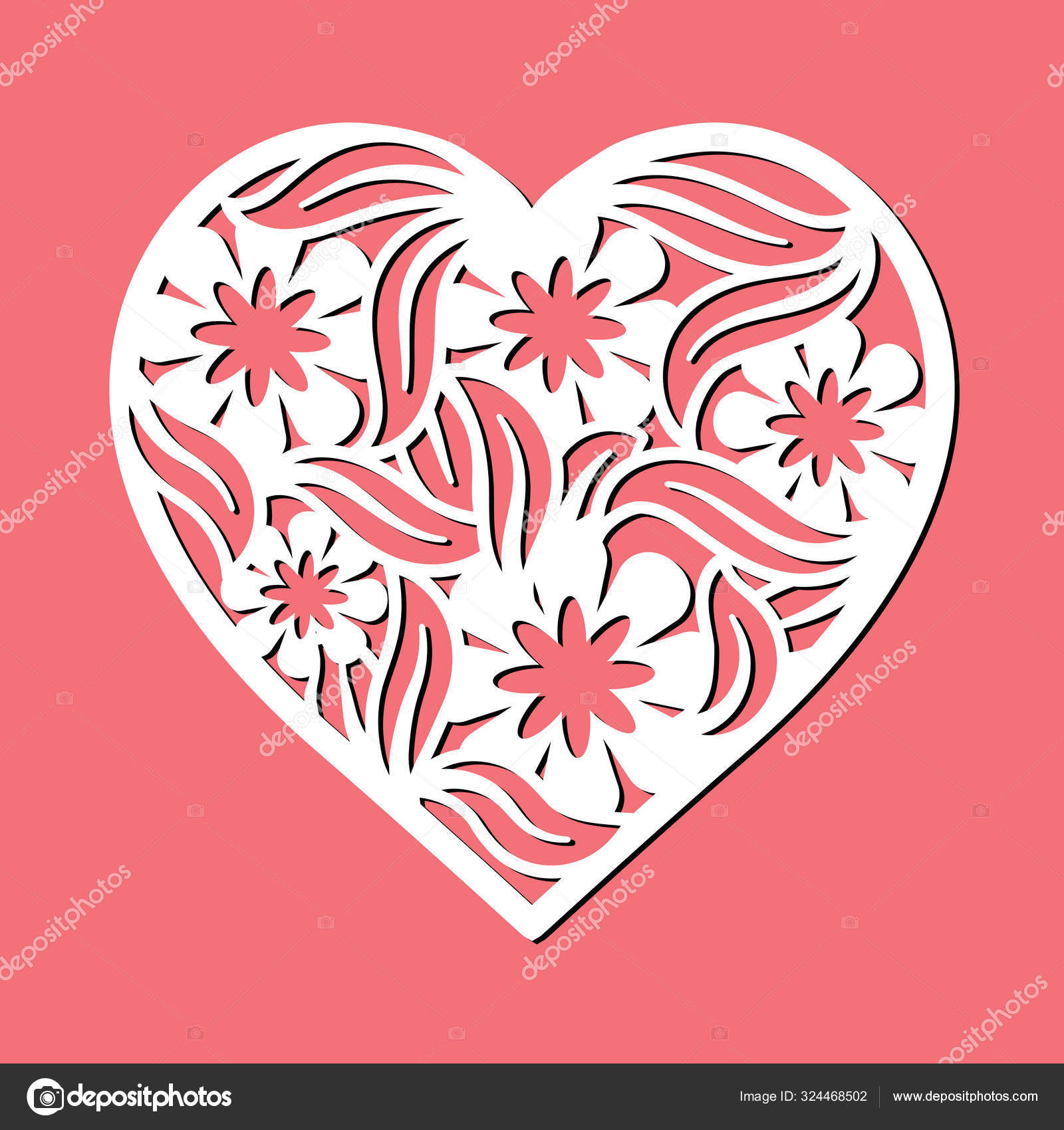 Openwork heart with a lace ornament. Laser cut template. Happy ...