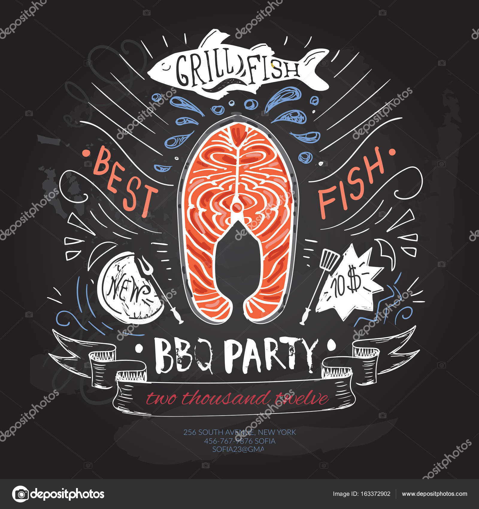Grilled Fish on the grid. A barbecue chalk poster with a lettering on a ...