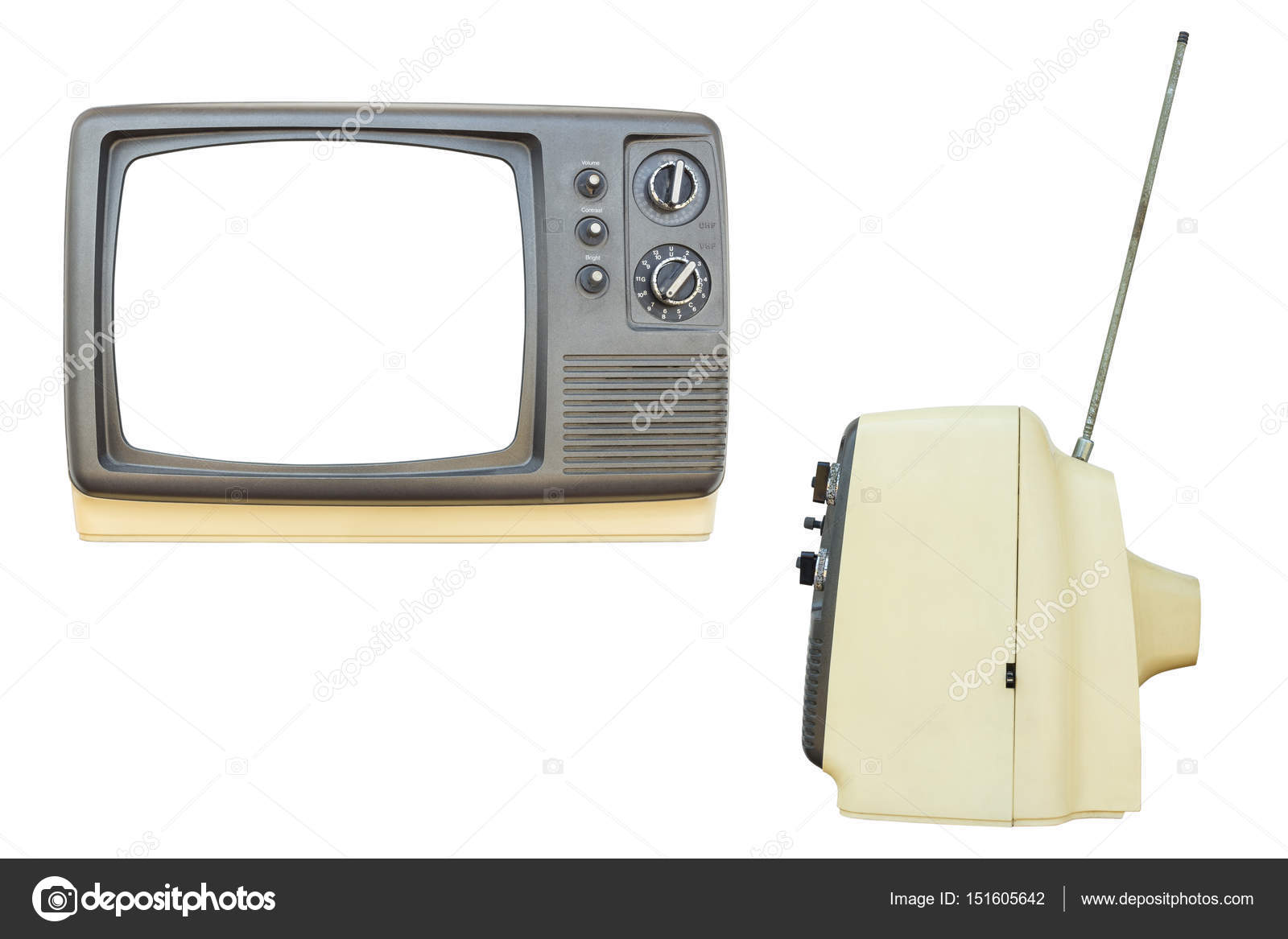Front and side view of vintage tv isolated on white background Stock ...