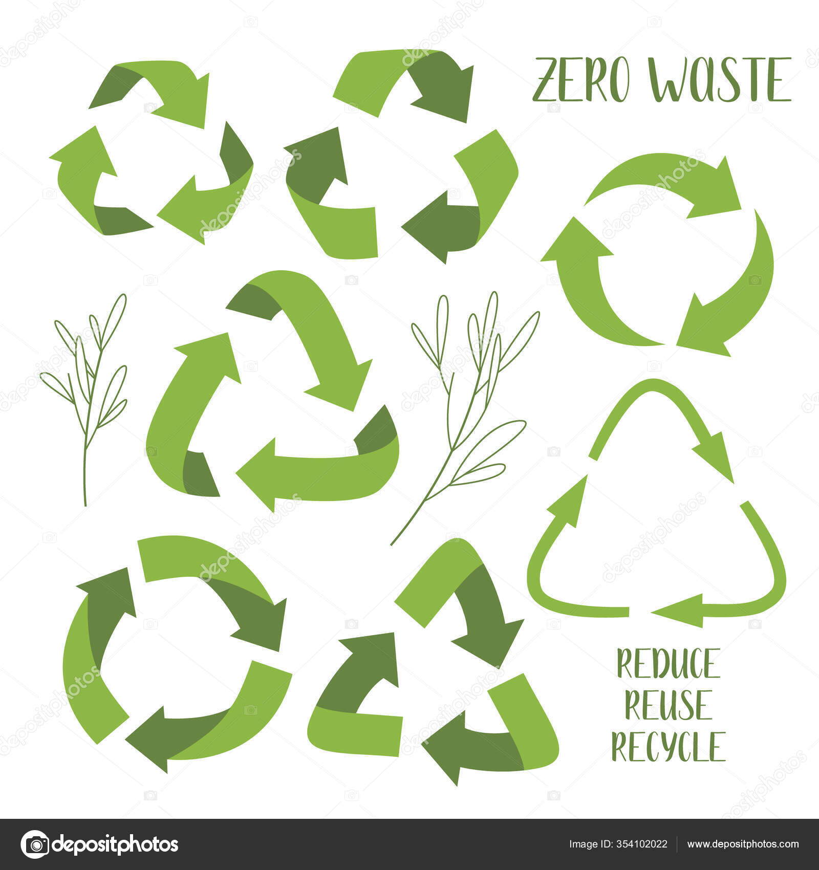 Set Green Zero Waste Symbols Isolated White Background Stock Vector ...