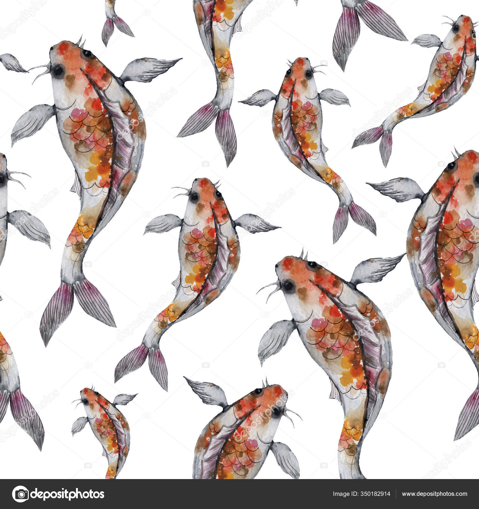 Watercolor oriental pattern with rainbow carps. Seamless oriental ...