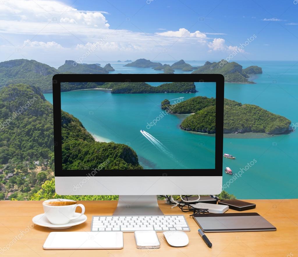 Workspace with computer desktop — Stock Photo © Tzido #125870992