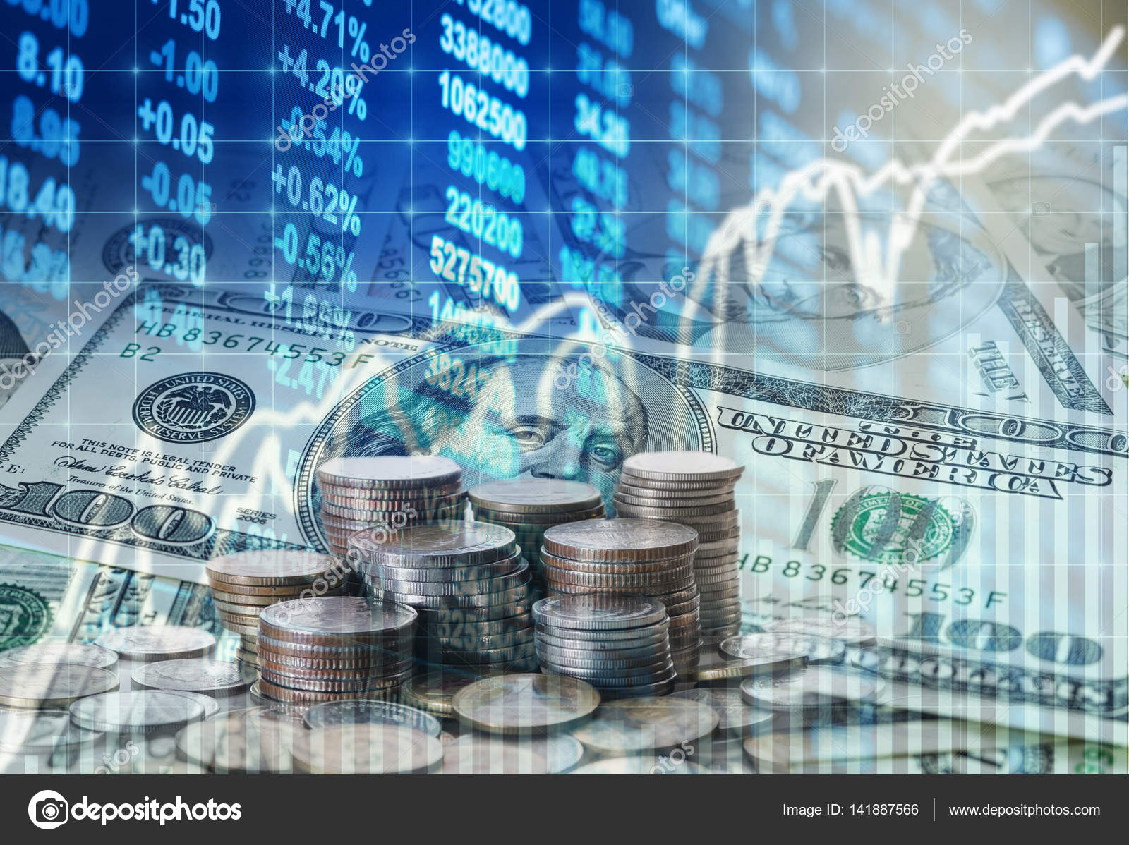 Stack of coins and american dollars — Stock Photo © Tzido #141887566