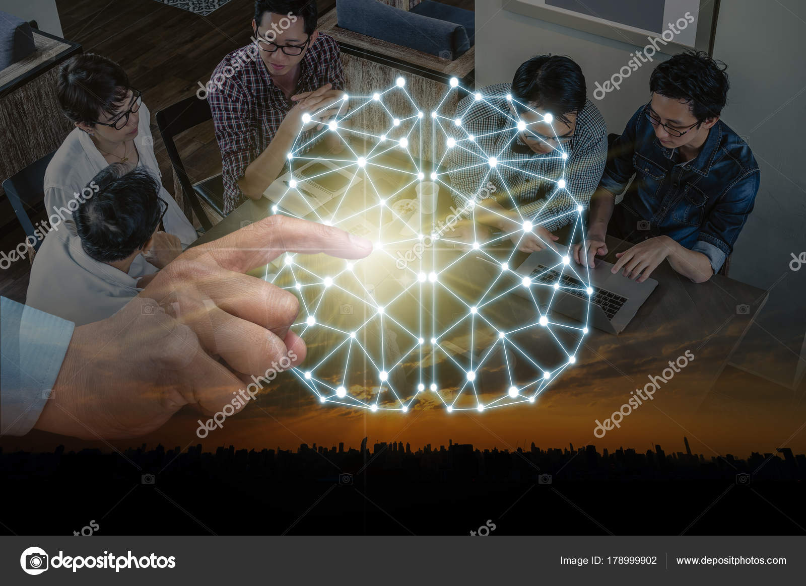 Hand Touching Technology Brain Group Business People Working ...