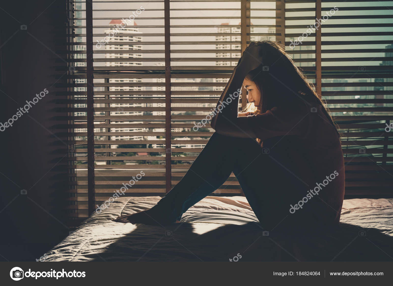 Depressed Woman Sitting Tensing Bed Dark Bedroom Low Light Environment ...
