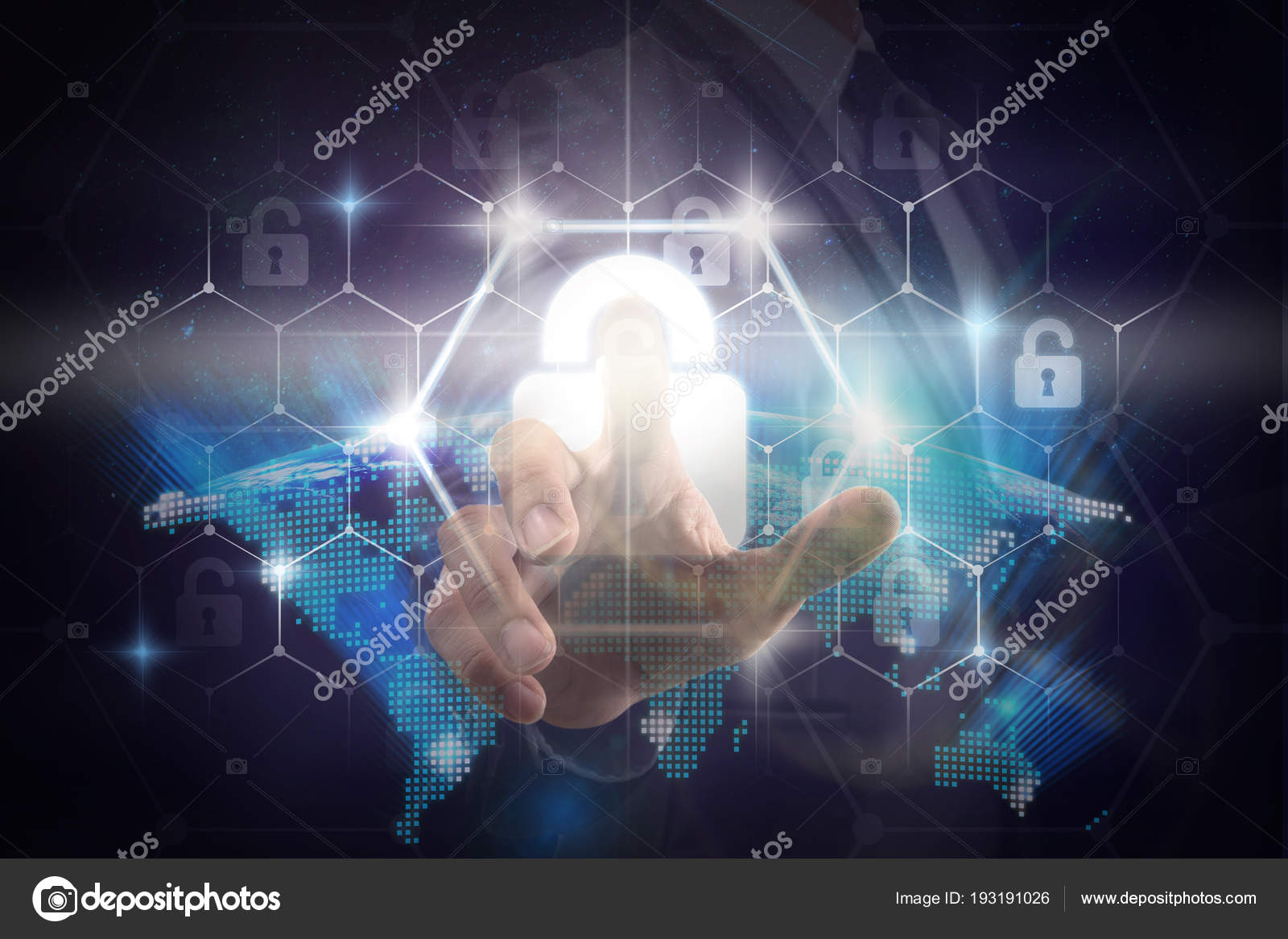 Double Exposure Businessman Hand Touching Security Key Lock Icon ...