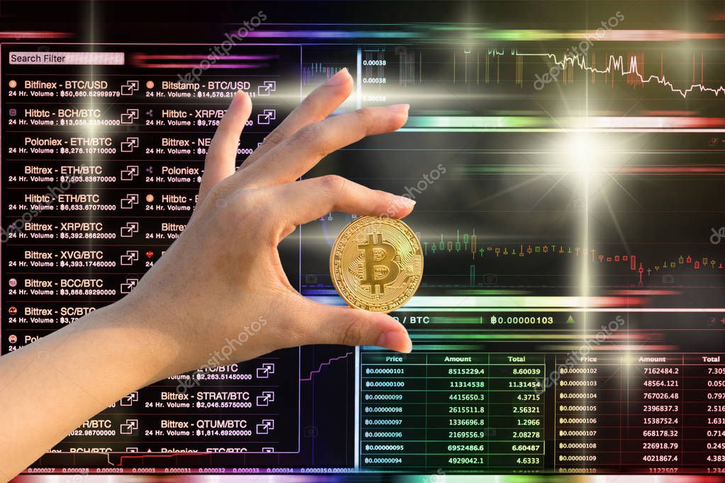 Closeup Hand Holding Bitcoin Cryptocurrency Trading Screen Bitcoin ...
