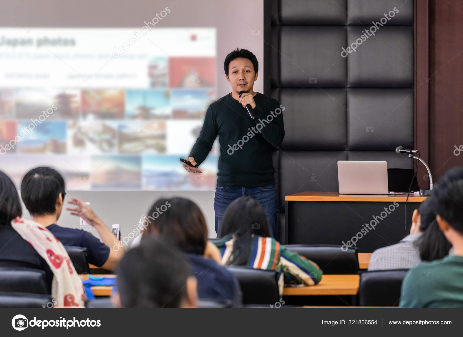 Asian Speaker Lecture Casual Suit Stage Presenting Projector Screen ...