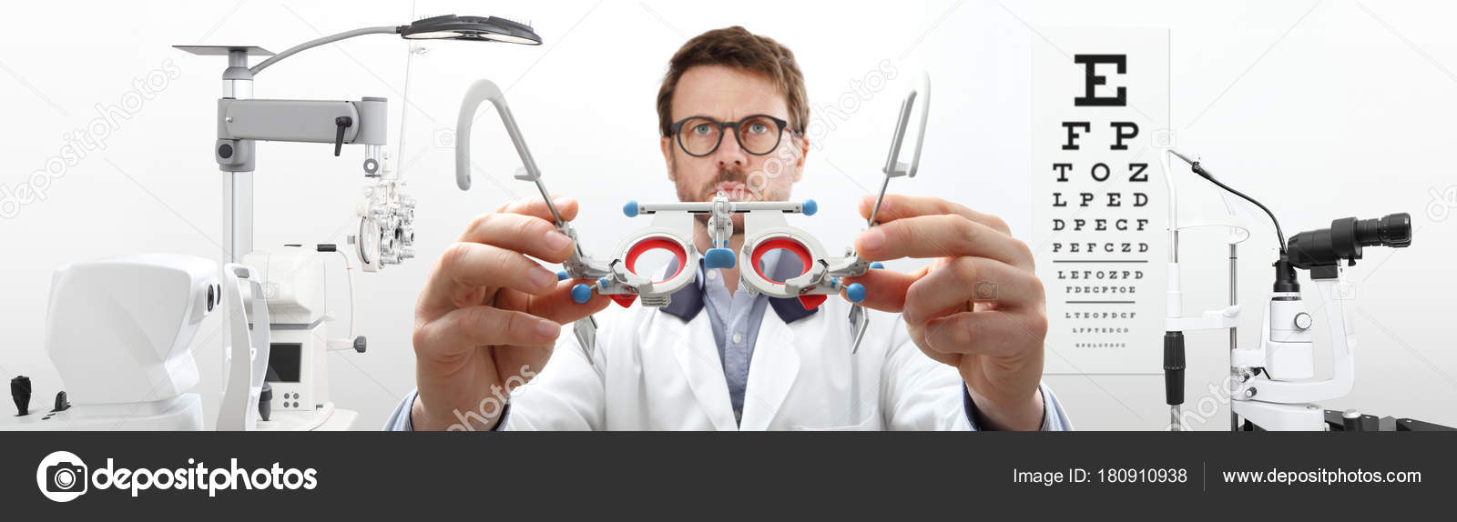 Optician hands with trial frame, optometrist doctor examines eye ... Optician hands with trial frame, optometrist doctor examines eye ...