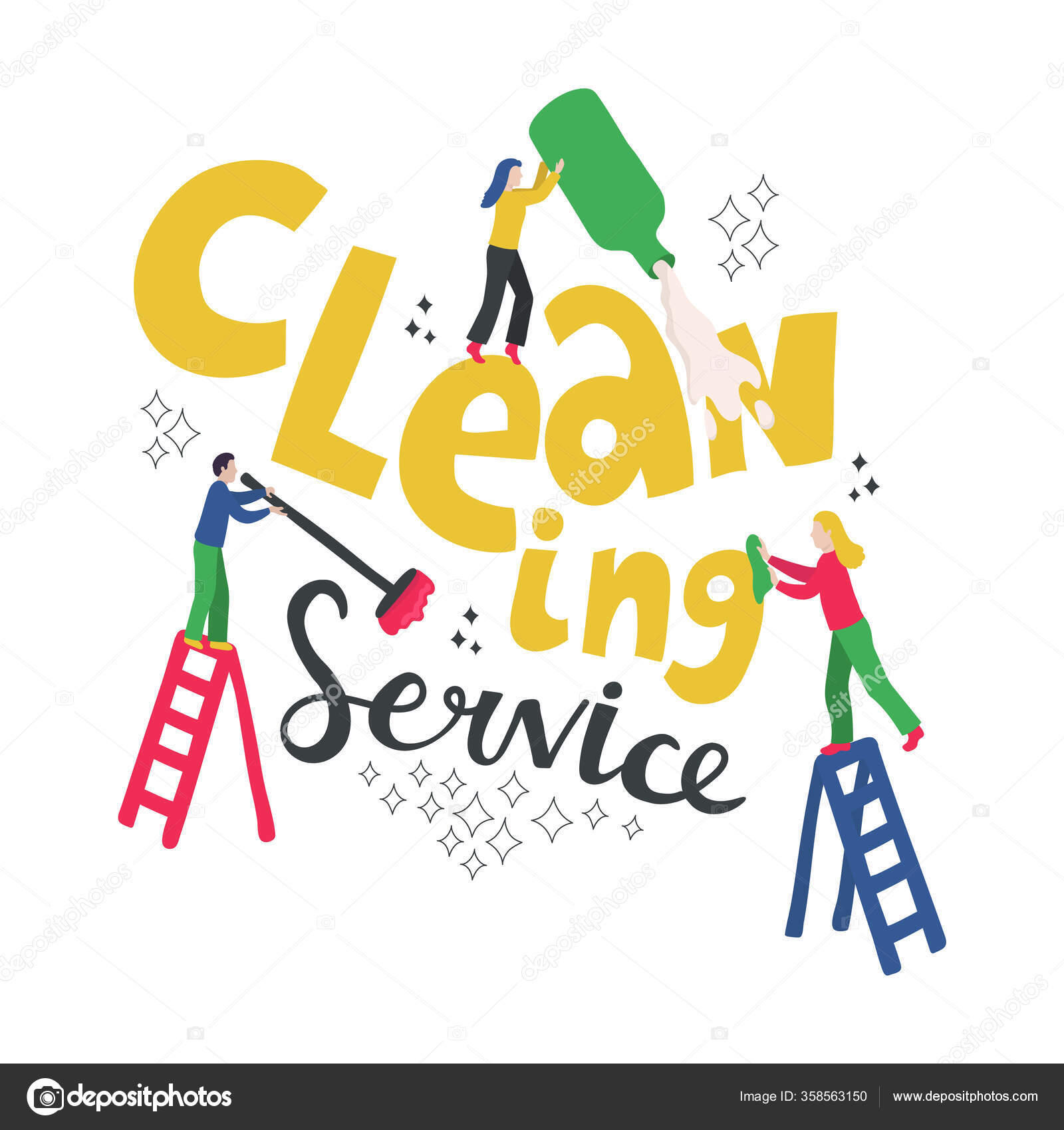 Cleaning Service Creative Lettering Hand Drawn People Creaning Washing ...