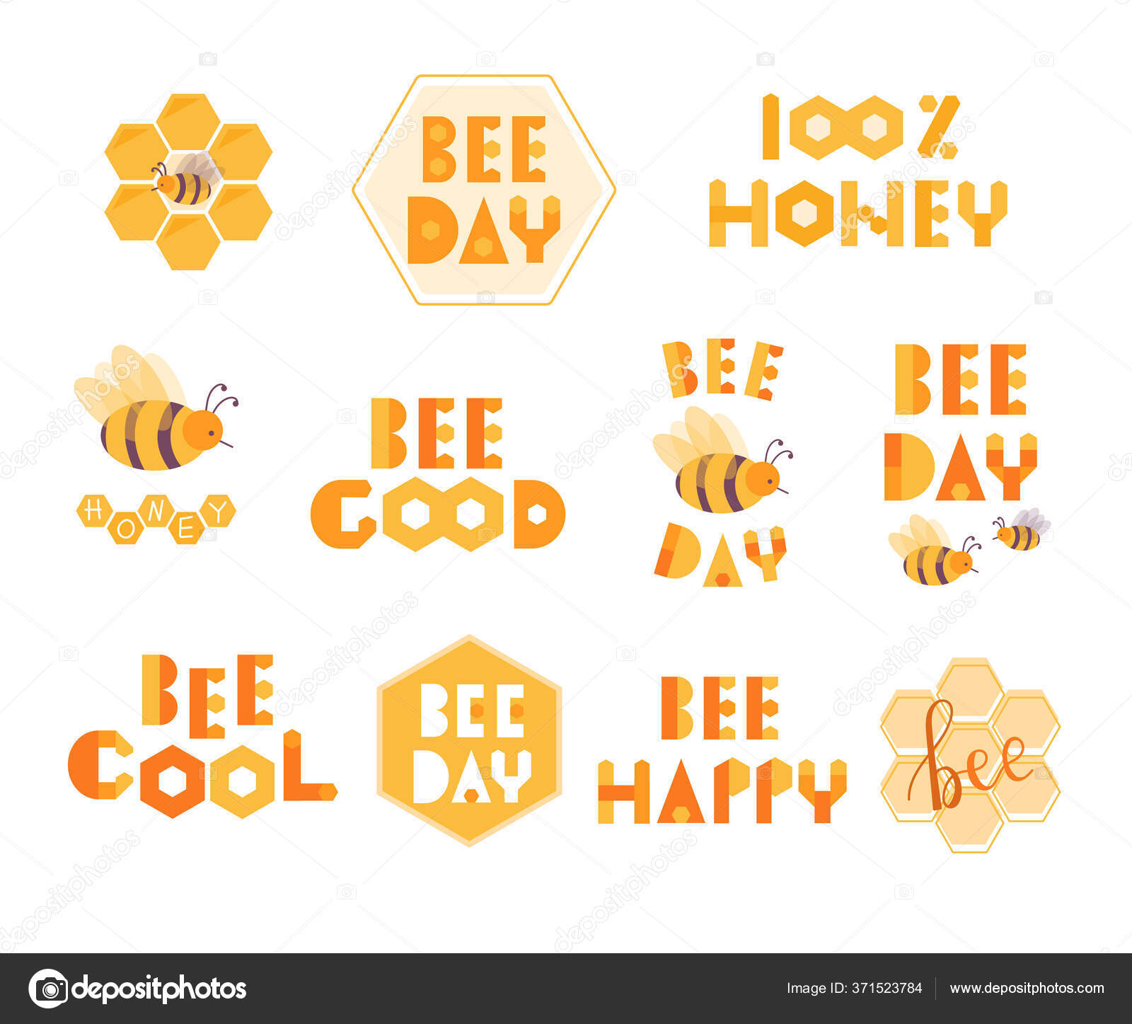 Bee Day Stickers Phrases Big Set Honeybee Text Bees Yellow Stock Vector ...