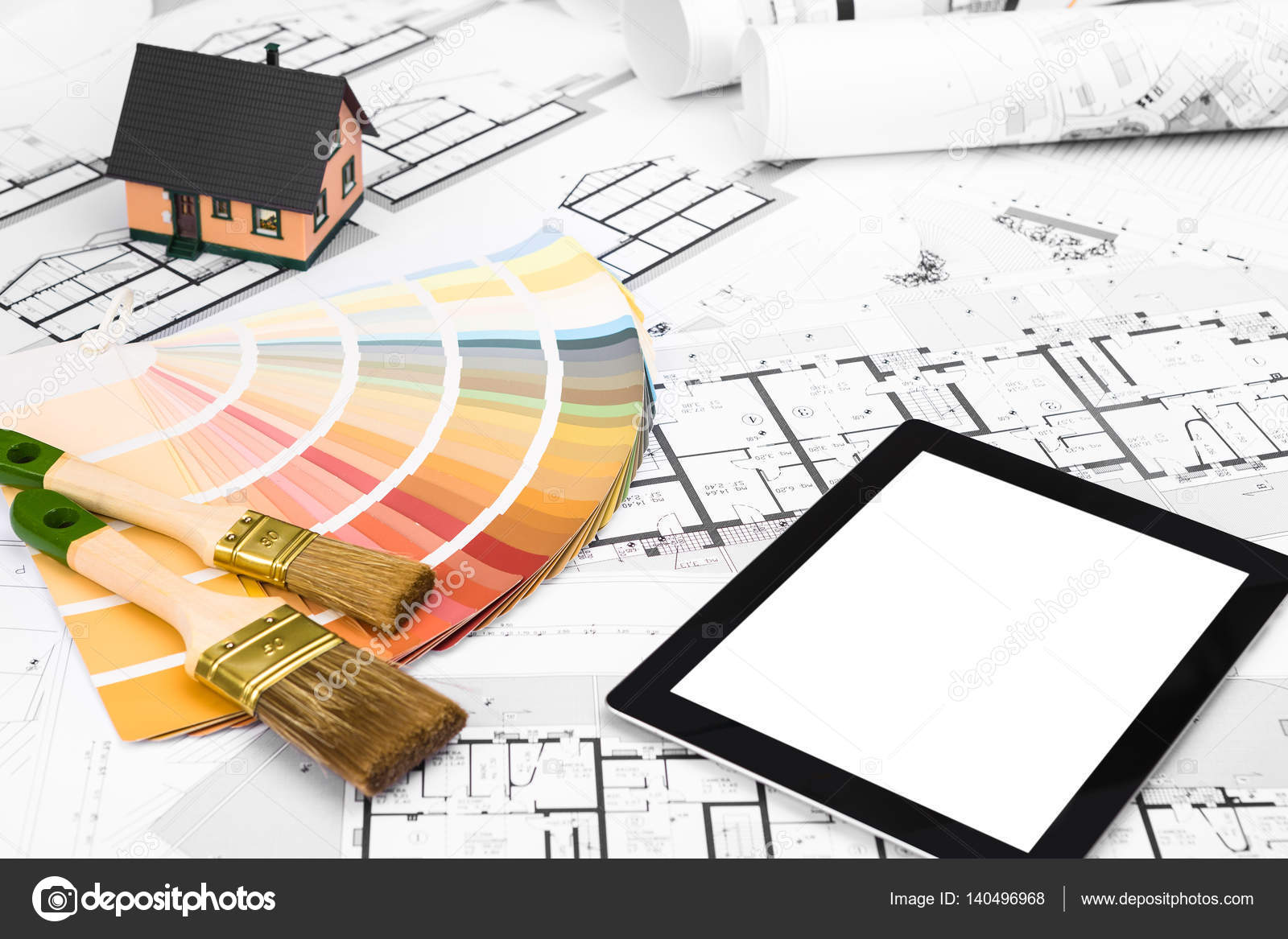 Construction plans with Color Palette Miniature House and white — Stock ...