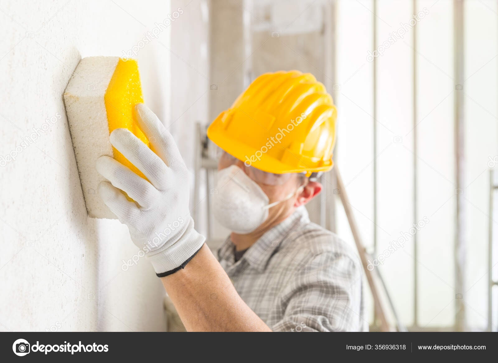 Plasterer Building Wearing Hardhat Face Mask Dust Sanding Smoothing ...