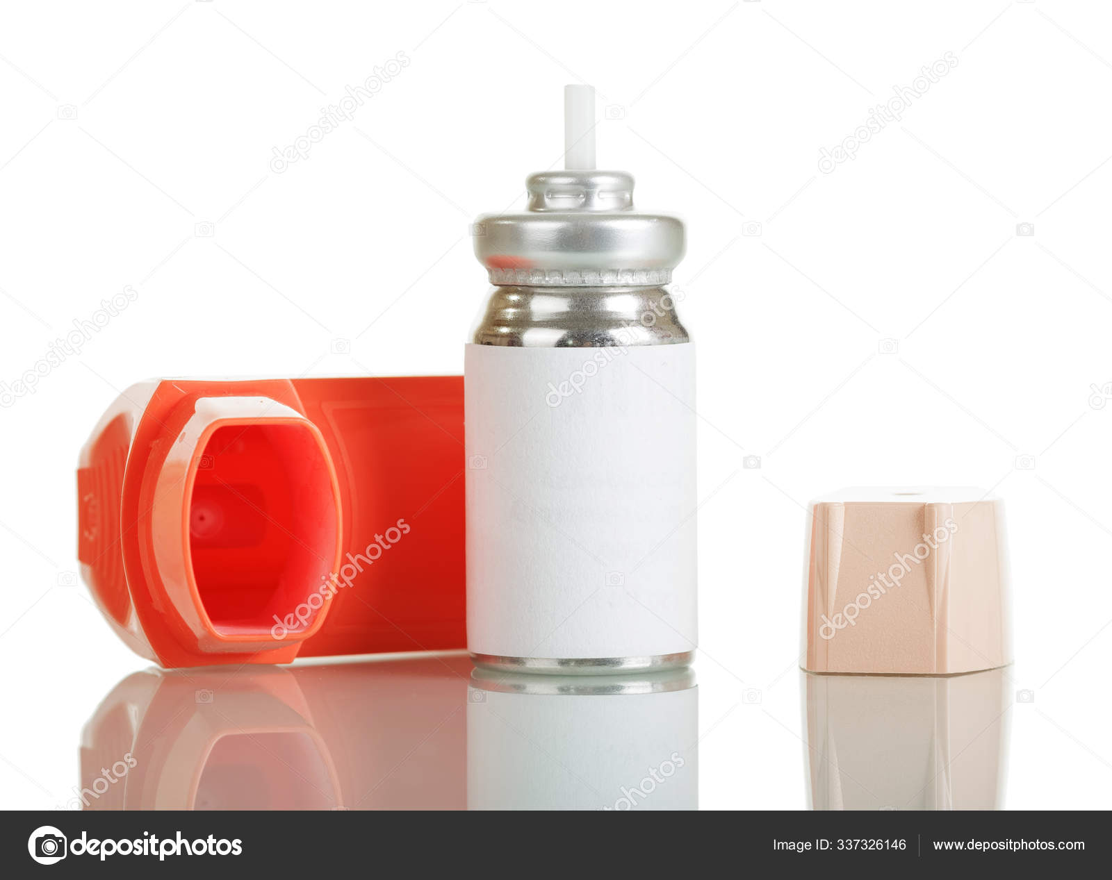 Asthma inhaler, an empty cartridge and cap isolated on white. Stock ...