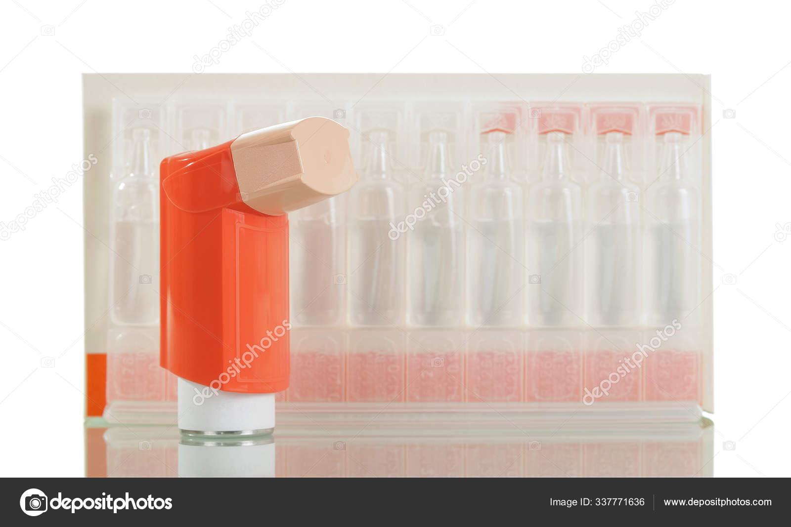 Device for inhalation and ampoules with a solution on white Stock Photo ...