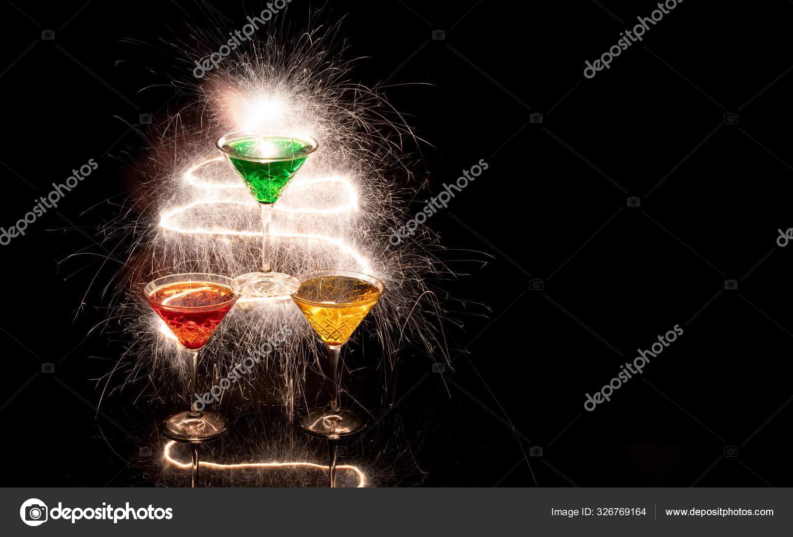 Realistic Shot Three Glass Cups Cocktail Sparks Reflecting Glass Black ...