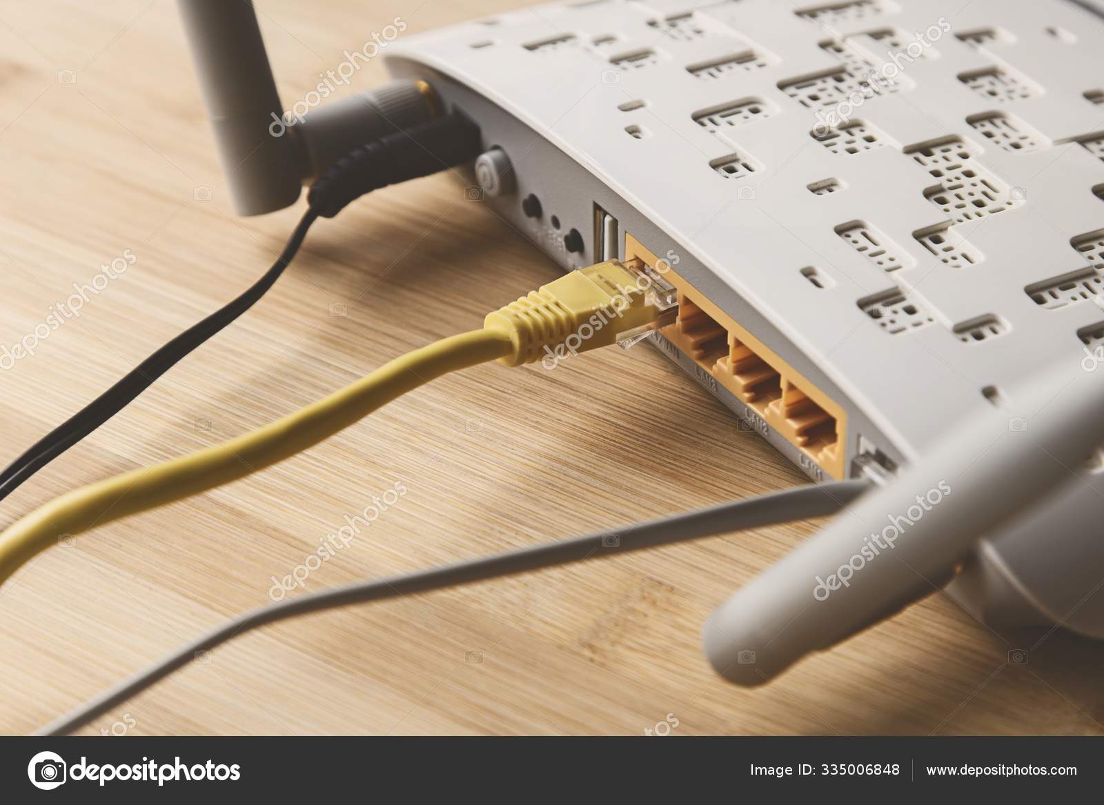 Closeup Shot Internet Modem Cable Wooden Surface Stock Photo by ...