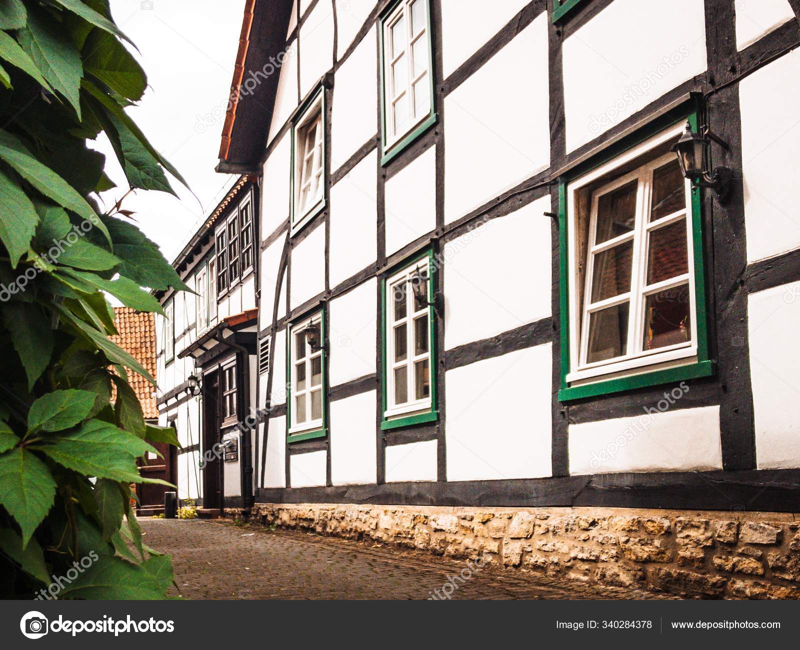 Two Floored Building White Facade Square Windows Leafs Stock Photo by ...