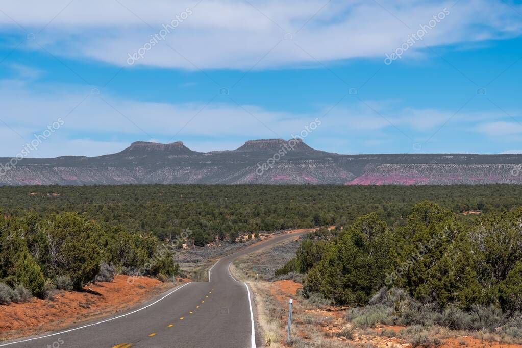Vista de la carretera serpenteando hacia los Osos Orejas buttes que son ...