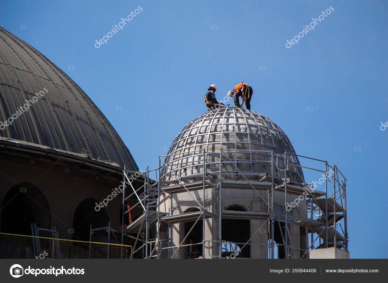 Modern Architectural Building Two Construction Workers Working Top ...