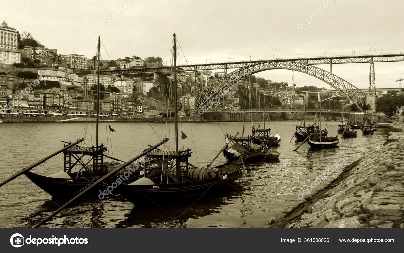 Greyscale Panoramic Shot Boats River Bridge Background — Stock ...