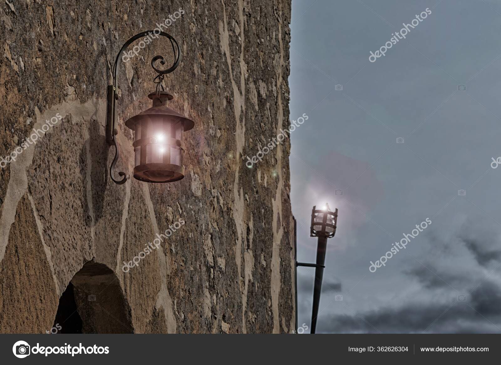 Mysterious Scene Night Flashlight City Wall Soria — Stock Photo ...