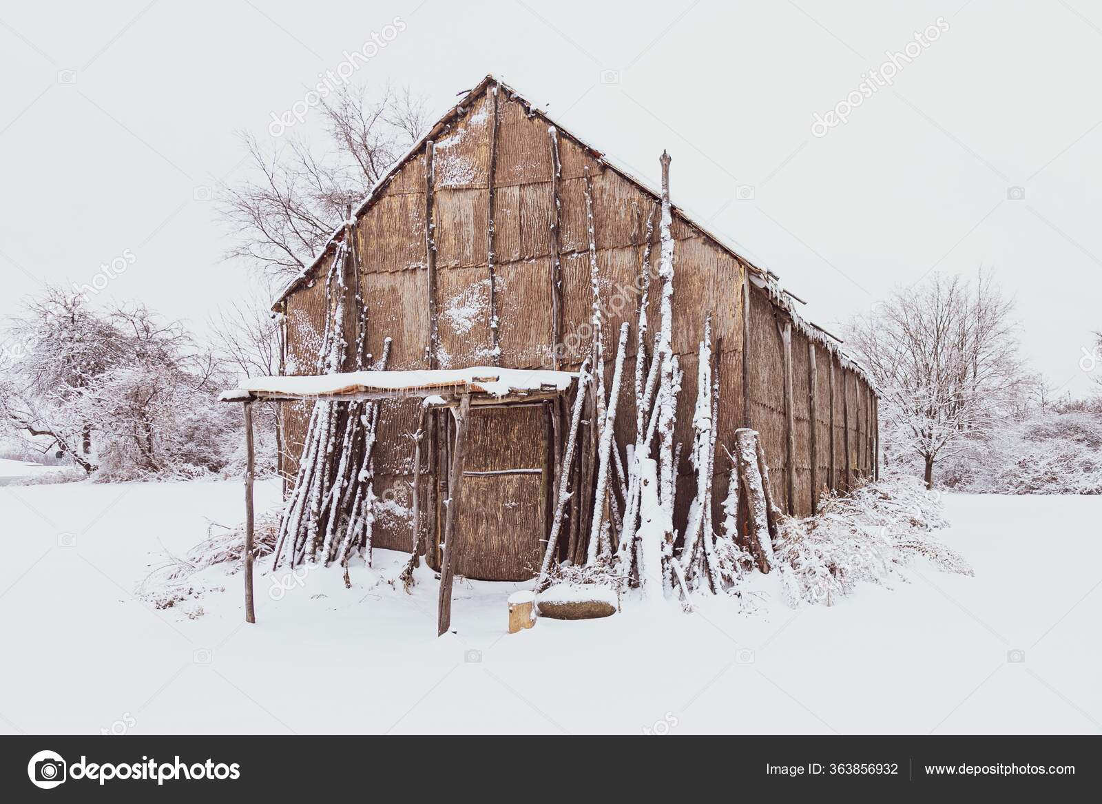 Native American Longhouse Ground Covered White Snow Winter Stock Photo ...