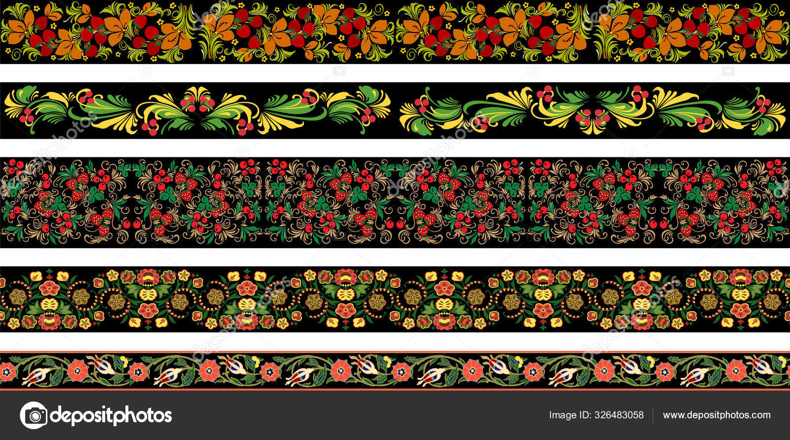 Set of 5 vector border patterns with floral ornament in Russian ...