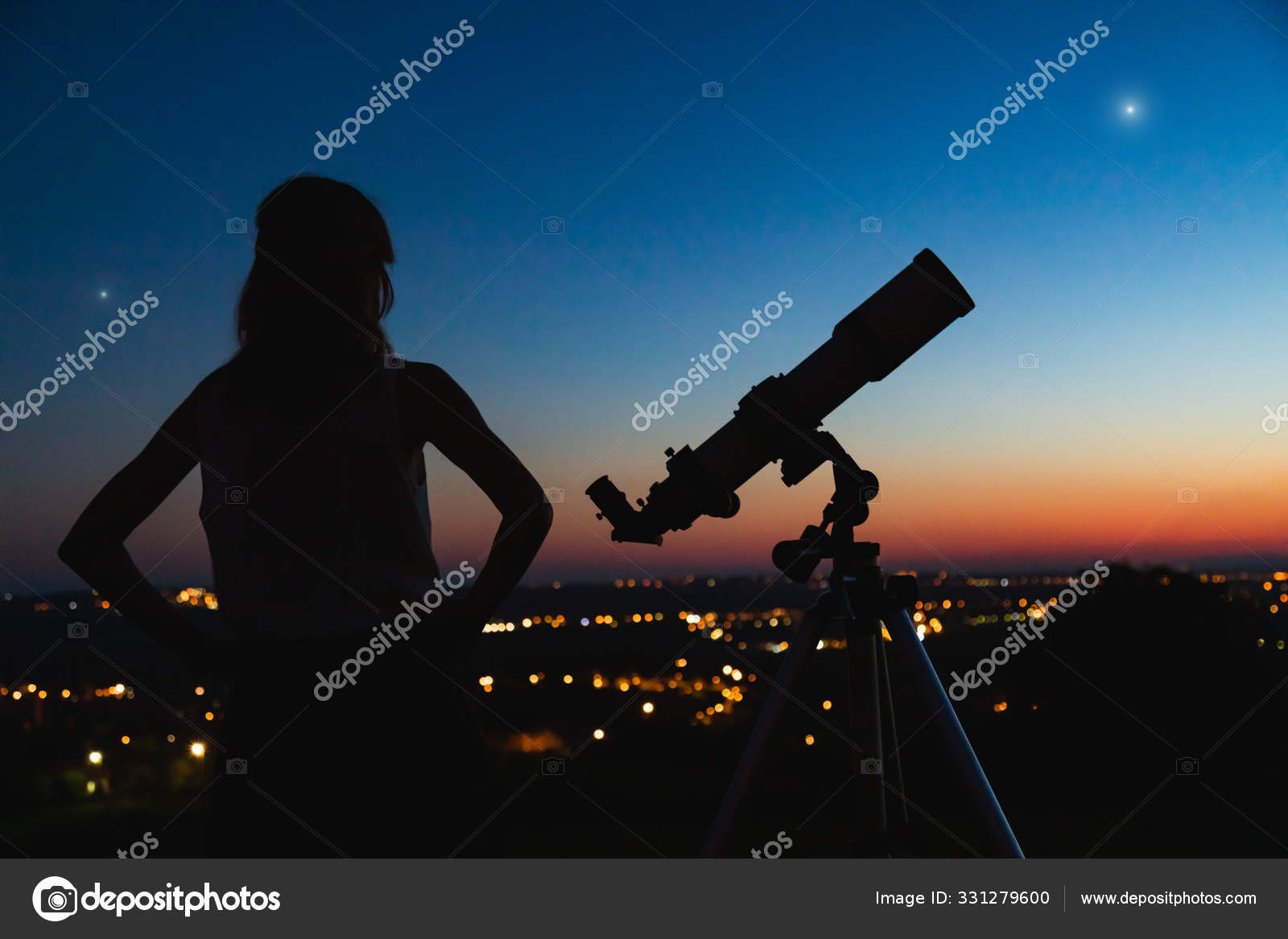 Astronomer with a telescope watching at the stars and Moon with — Stock ...