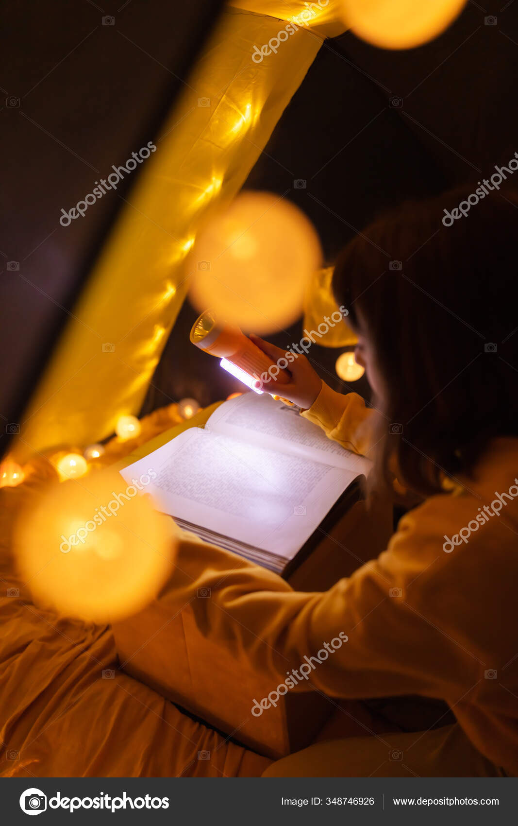 Young Female Child Reading Encyclopedia Home Made Livingroom Tent Light ...