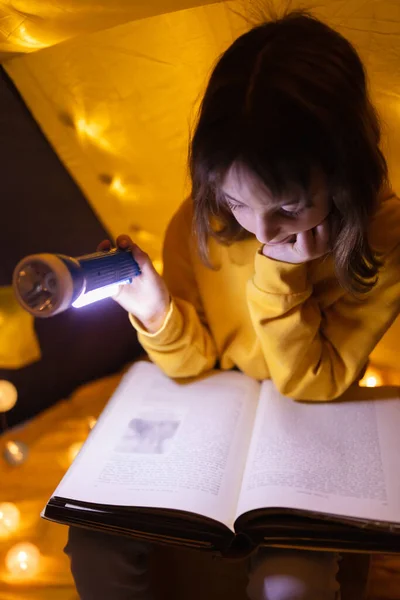 Young Female Child Reading Encyclopedia Home Made Livingroom Tent Light ...