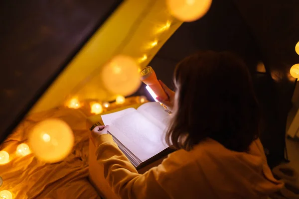 Young Female Child Reading Encyclopedia Home Made Livingroom Tent Light ...