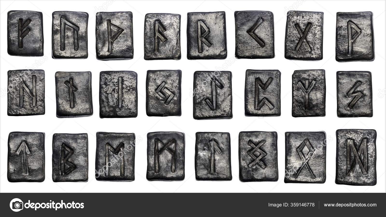 24 black pottery Norse runes isolated on white background Stock Photo ...